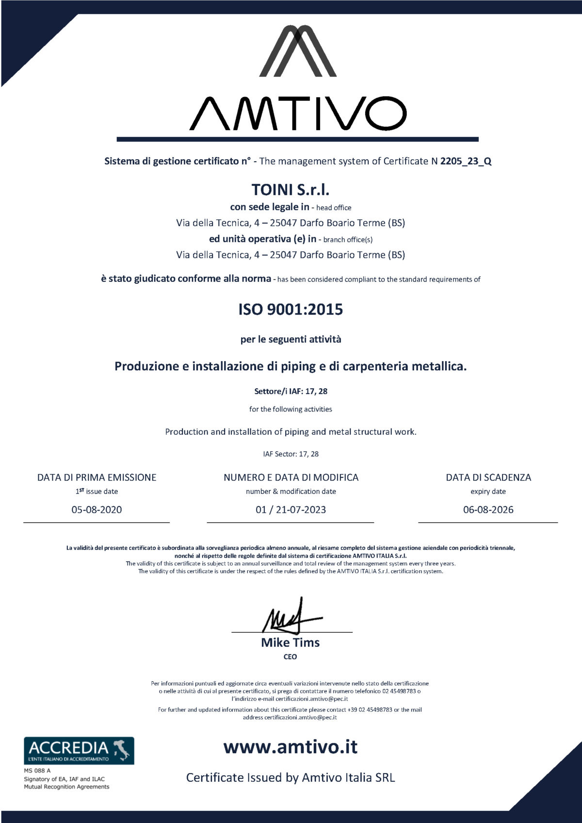 ISO 9001:2015 - Toini Srl